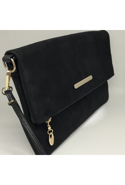 Sisterlish Siyah Süet-Deri Clutch Portföy Çanta