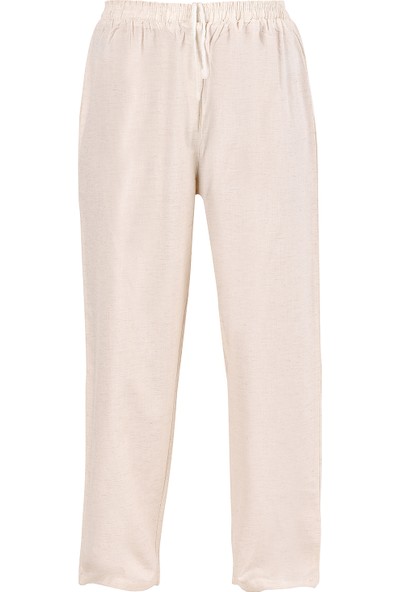 Kanaviçe Kadın Keten Beli Lastikli Pantolon Krem Düz B023-1