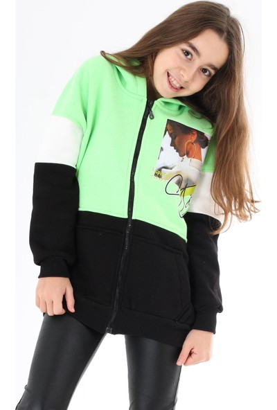 Enisena Yeşil Kız Çocuk Fermuarlı Kapşonlu Hırka