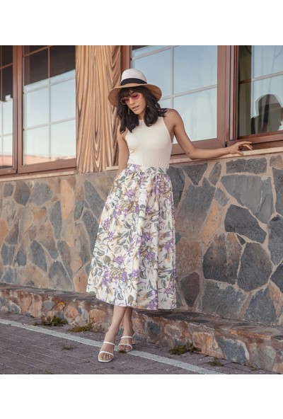 Berrenstudio Kadın Bej Çiçekli Desenli Etek