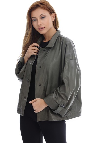 Franko Armondi Kadın Deri Klasik Kaban Oversiz Haki Bk-1426 A-19622 Fa2