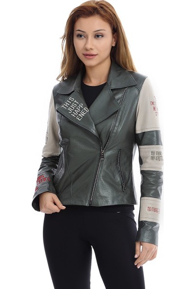 Franko Armondi Kadın Deri Spor Biker Mont Nakışlı Yeşil-Bej Mbk-1251-19637 Fa2 Franko Armondi Kadın Deri Spor Biker Mont Nakışlı Yeşil-Bej Mbk-1251-19637 Fa2