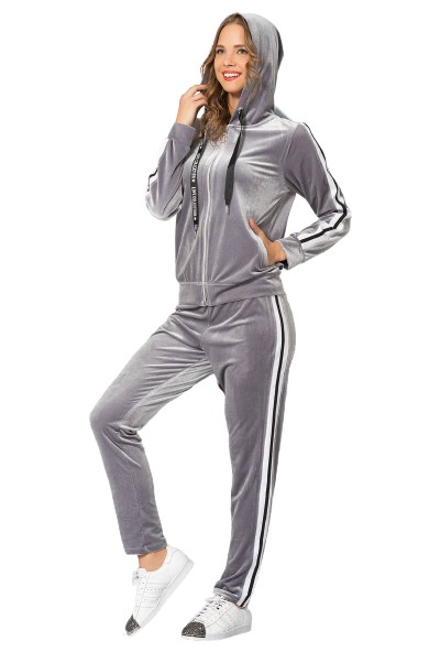 Estee Kadın Beyaz Şerit Detaylı Fermuarlı Kadife Gri Eşofman Takımı