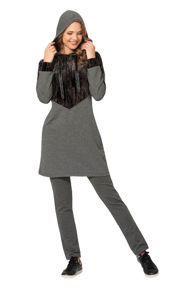 Estee Kadın Gri Sim Baskılı Tesettür Eşofman Takımı