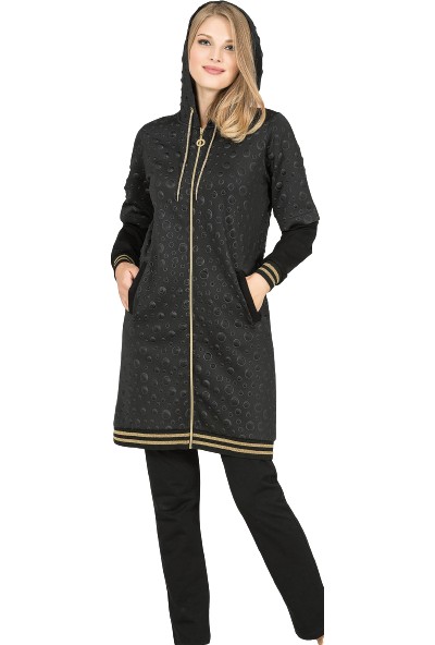 Estee Kadın Siyah Dokulu Kapüşonlu Tesettür Eşofman Takımı