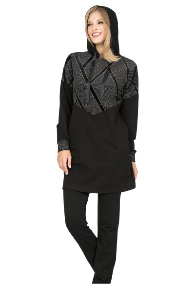 Estee Kadın Gri Taş Baskılı Tesettür Eşofman Takımı