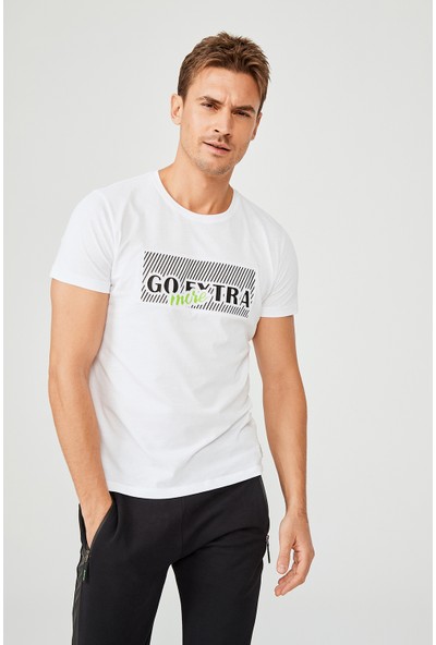 Avva Erkek Beyaz Bisiklet Yaka Kabartma Baskılı T-Shirt A02Y1031