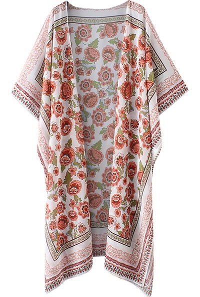 Buyfun Kadın Şifon Kimono Çiçek Baskı Pareo - M - Beyaz/Kırmızı (Yurt Dışından)