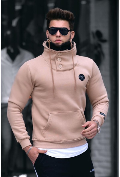 Madmext Triko Yaka Düğmeli Bej Sweatshirt 4411