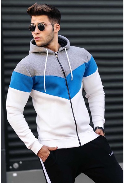 Madmext Beyaz Renk Bloklu Fermuarı Kapüşonlu Sweatshirt 4702 Madmext Beyaz Renk Bloklu Fermuarı Kapüşonlu Sweatshirt 4702