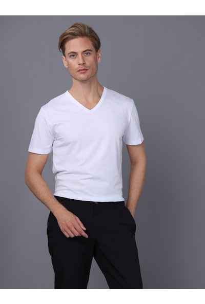 Basics&more Erkek V Yaka Beyaz T-Shirt