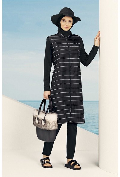 Haşema Nehar Tam Kapalı Tesettür Mayo Jileli 6083 Boru Paça Çise Siyah