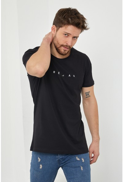 Tarz Cool Erkek Siyah Baskılı Slim Fit Likralı T-SHIRT-RLXTSR07S
