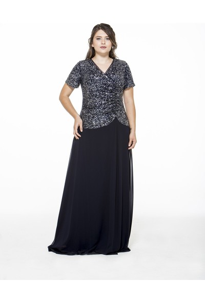 Maxxe Üstü Payetli Soldan Büzgülü Şifon Elbise Maxxe Üstü Payetli Soldan Büzgülü Şifon Elbise