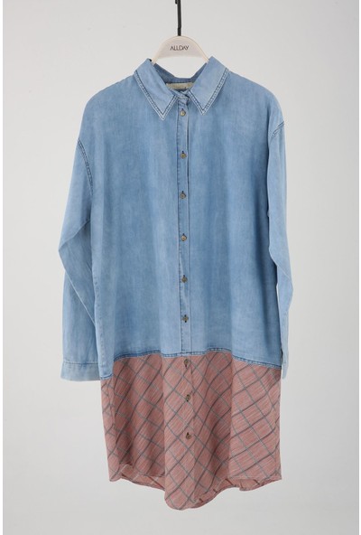 Allday Eteği Ekoseli Denim Gömlek Tunik Allday Eteği Ekoseli Denim Gömlek Tunik