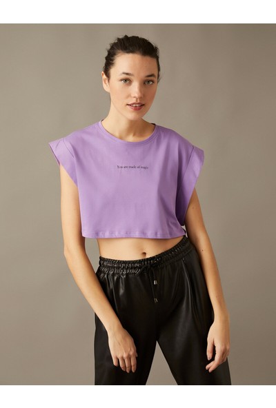 Koton Pamuk Bisiklet Yaka Kısa Kollu Yazılı Baskılı Crop T-Shirt