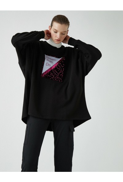 Koton Kadın Pamuklu Yazılı Baskılı Pullu Bisiklet Yaka Tunik