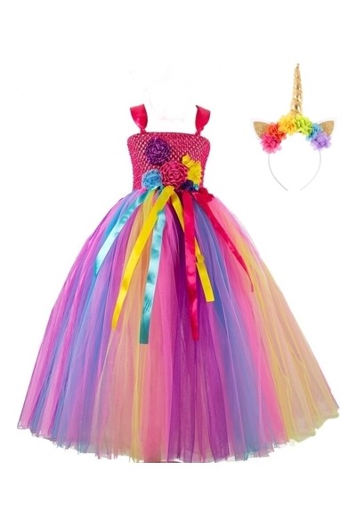 Bba New Trend Unicorn Tütü Gökkuşağı Elbise,unicorn Taç Doğum Günü Elbise Seti