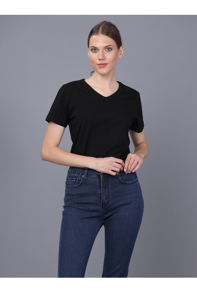 Basic & More Kadın V Yaka Siyah T-Shirt
