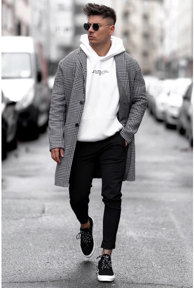 Madmext Gri Ekoseli Kaşe Kaban 5066