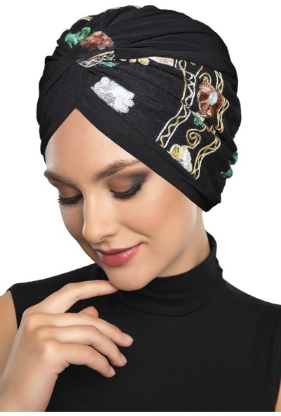 Fidan Bone Otantik Nakış Motifli Astarlı Hazır Türban Tesettür Bone