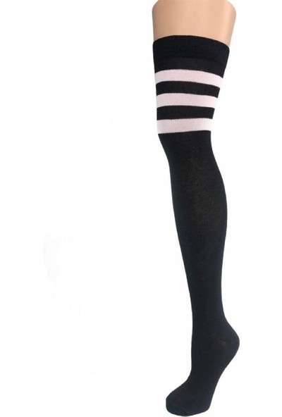 Desing Socks Diz Üstü Çember Desen Beyaz Kadın Çorabı