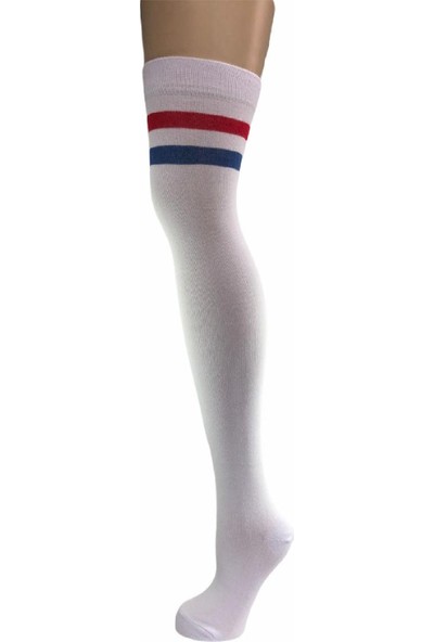 Desing Socks Diz Üstü Çember Desen Beyaz Kadın Çorabı