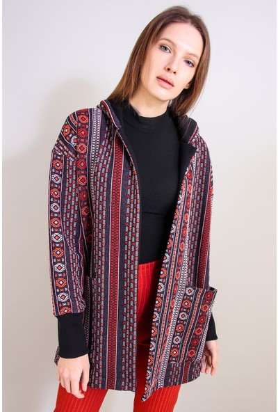 Alexandergardı Kapüşonlu Desenli Hırka, Siyah-Kırmızı (20KB1017)