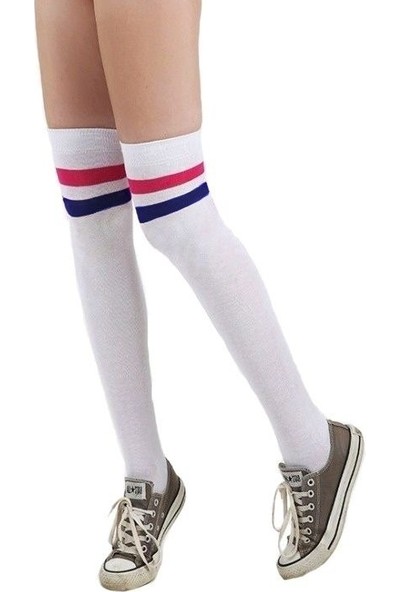 Hane14 Boom Kırmızı Mavi Çizgili Pamuklu Diz Üstü Çorap Beyaz