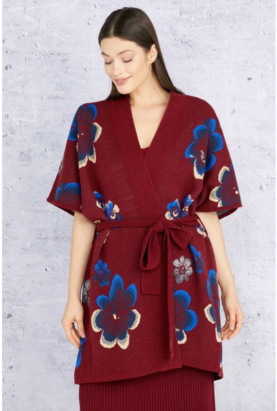 Sementa Çiçek Desenli Uzun Triko Ceket - Bordo Sementa Çiçek Desenli Uzun Triko Ceket - Bordo