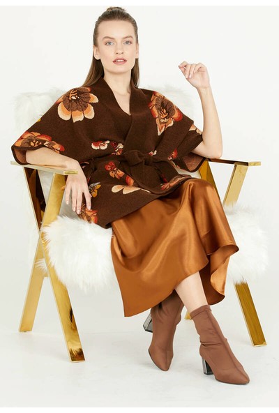 Sementa Çiçek Desenli Uzun Triko Ceket - Kahve