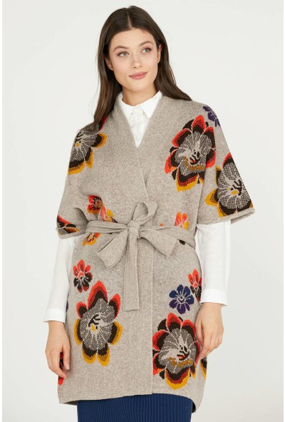 Sementa Çiçek Desenli Uzun Triko Ceket - Vizon