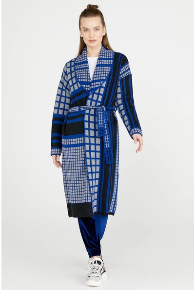 Sementa Şal Yaka Kuşaklı Uzun Triko Hırka - Siyah