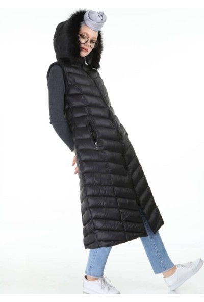 Nacar Çarşı Kadın Uzun Siyah Şişme Yelek