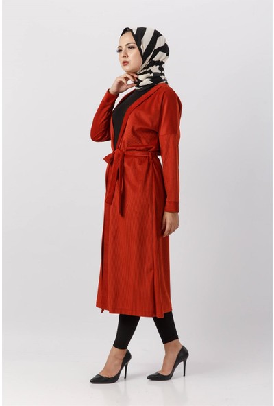 Elfida Giyim Kadın Biyeli Çizgili Kadife 5926 Trençkot