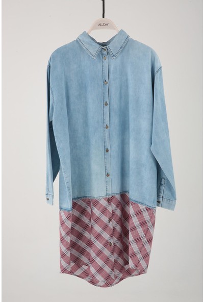 Allday Eteği Ekoseli Denim Gömlek Tunik Allday Eteği Ekoseli Denim Gömlek Tunik