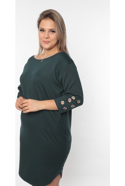 Egz Buti̇k Kuş Gözü Desen Büyük Beden Koyu Turkuaz Elbise