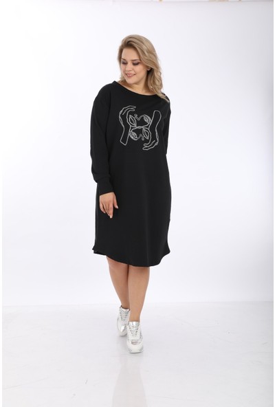 Egz Buti̇k Tiyatro Desen Taşlı Büyük Beden Siyah Elbise