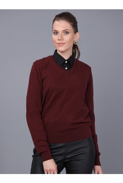 Basics&More Kadın Bordo Melanj V Yaka Kazak S