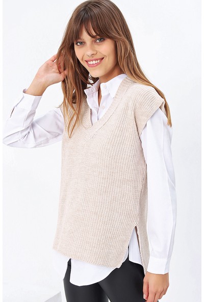 Ecrou Kadın Stone V Yaka Triko Süveter