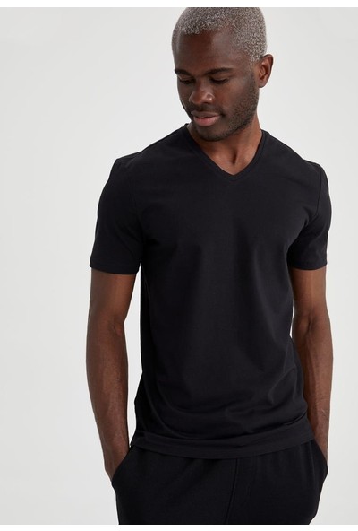 Defacto Slim Fit V Yaka Basic Siyah Tişört M7668AZ21SP