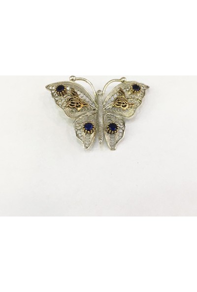 TMT Gümüş Telkari Kök Safir Taşlı Kelebek Broş