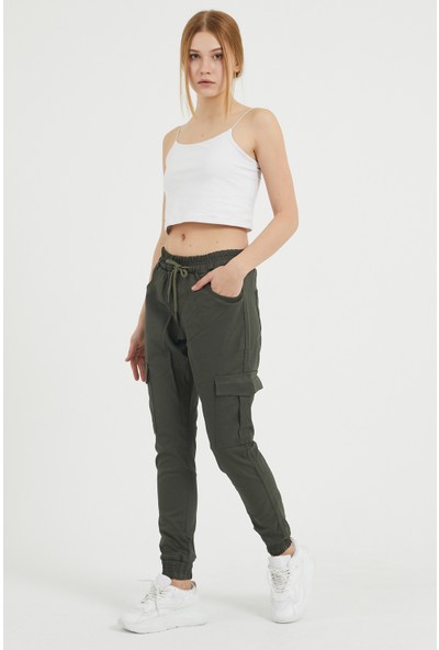 Ohepmoda Dar Kesim Beli ve Paçası Lastikli Bayan Pantolon Haki