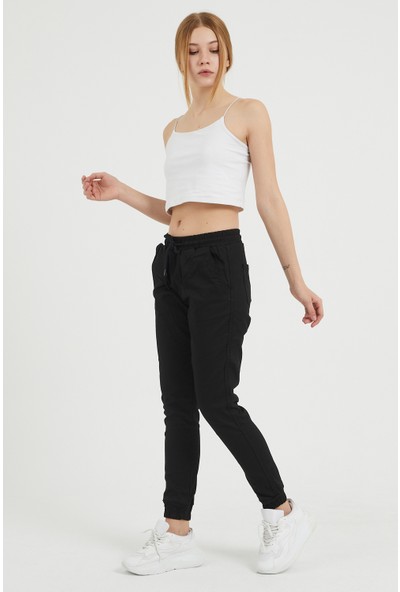 Ohepmoda Dar Kesim Beli ve Paçası Lastikli Bayan Pantolon Siyah