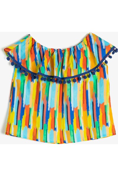 Koton Kız Çocuk Desenli Poplin Kumastan Yakasi Firfirli Ponponlu Bol Kesim Bluz