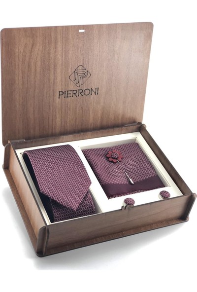 Pierroni Bordo Kravat 4 'lü Özel Ahşap Kutulu Set