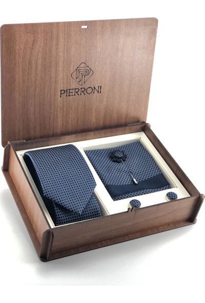Pierroni Lacivert Kravat 4 'lü Özel Ahşap Kutulu Set