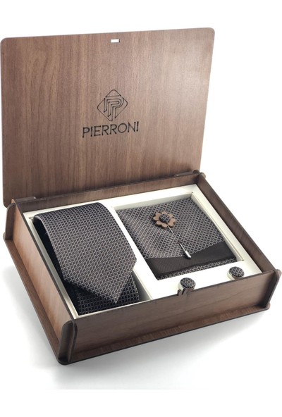 Pierroni Kahve Kravat 4 'lü Özel Ahşap Kutulu Set