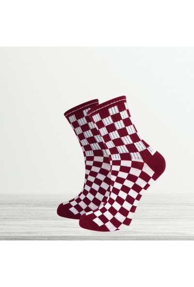 Bordo Beyaz Kareli Soket Kolej Çorap Bordo Beyaz Kareli Soket Kolej Çorap