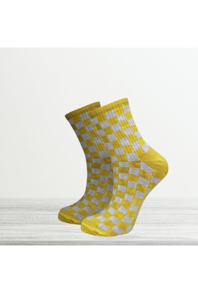 Sarı Beyaz Kareli Soket Çorap